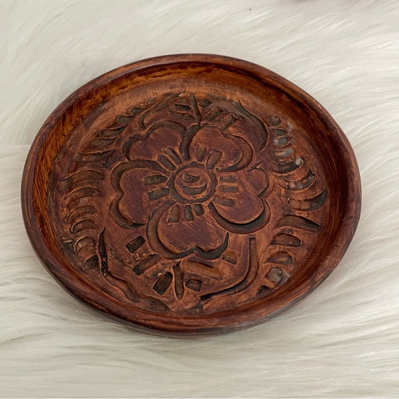 Other | Vintage Round Wood Hand Carved Plate Made In Italy Floral ...